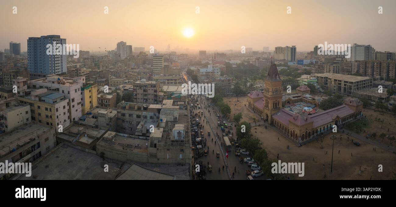 Aerial view of vibrant downtown Karachi buildings and bustling traffic ...