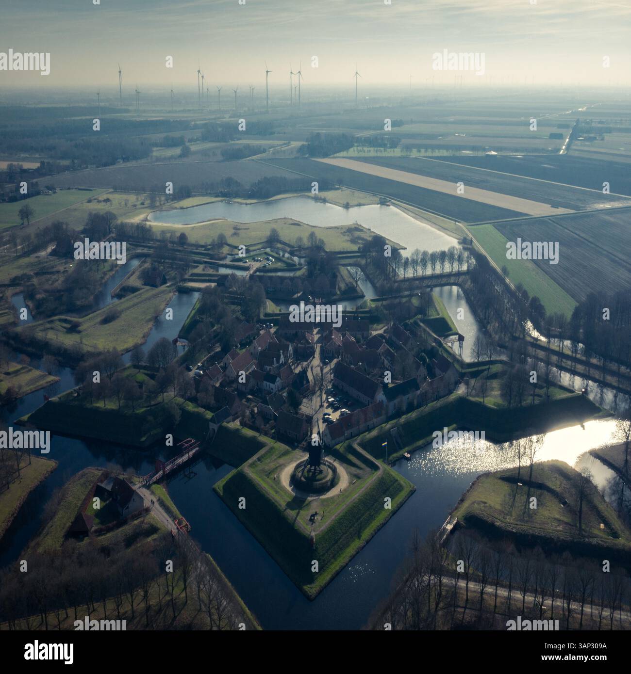 Aerial view of Fort Bourtange, Westerwolde, Groningen, Netherlands with ...