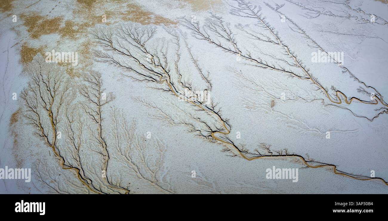 Aerial view of alluvial fan patterns in a beautiful dry desert ...