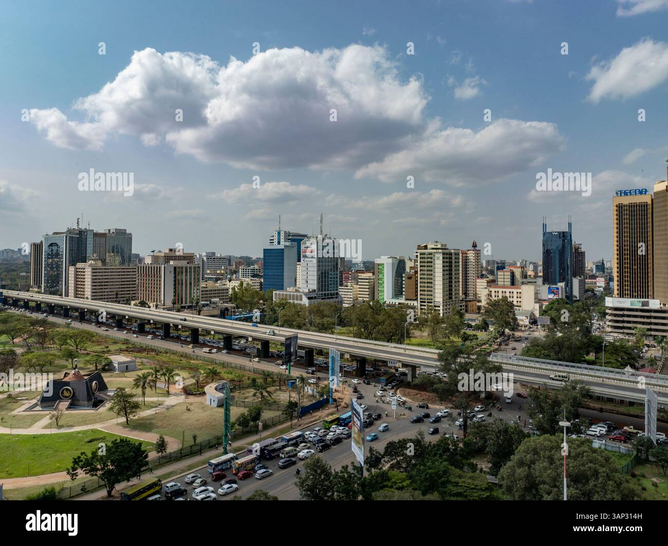 Aerial view of vibrant cityscape with modern skyscrapers and bustling ...