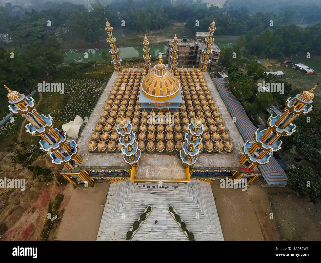 Aerial view of the 201 Dome Mosque with its impressive minarets and ...