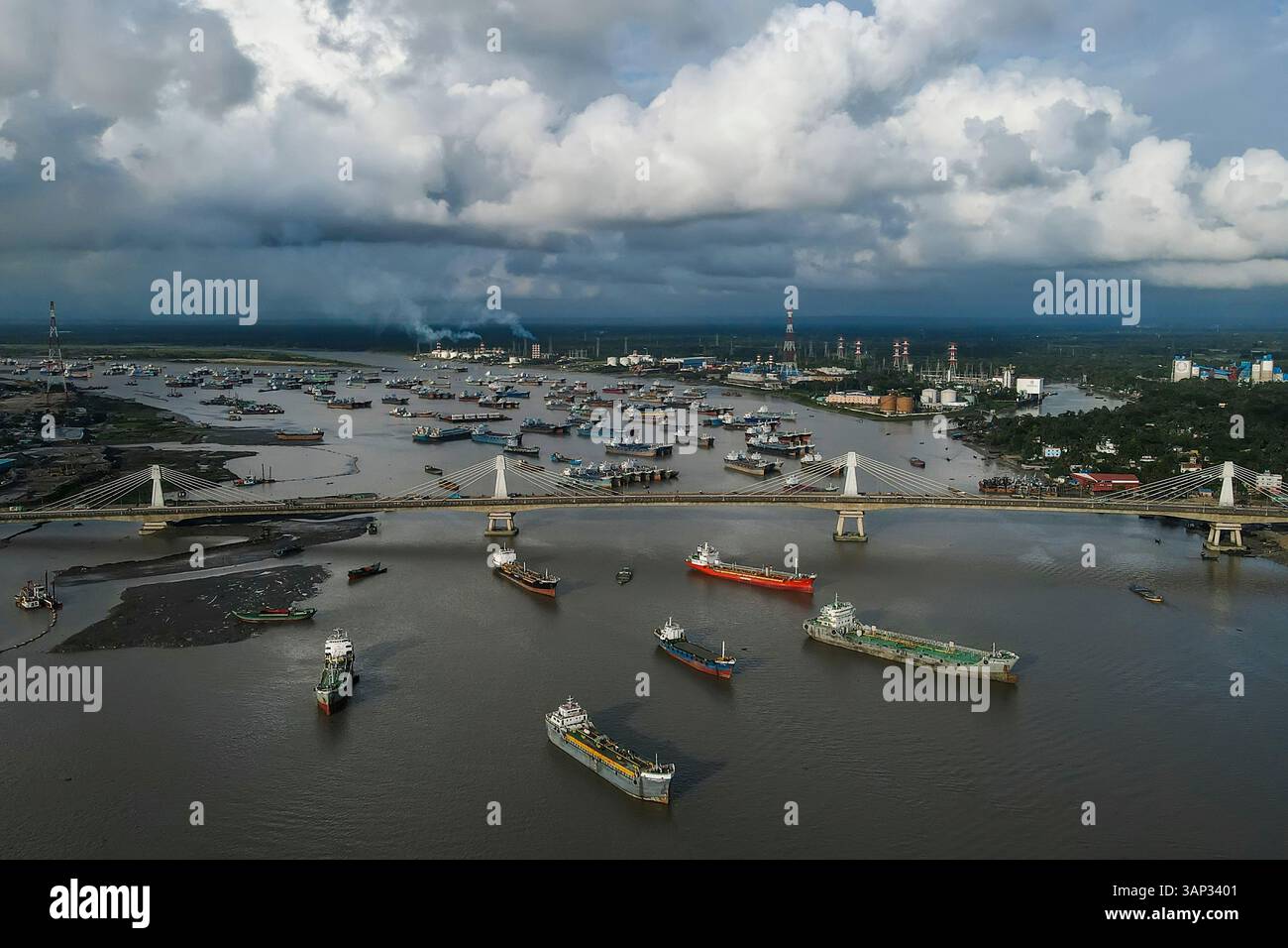 Aerial view of shah amanat bridge over karnafully river with ships ...