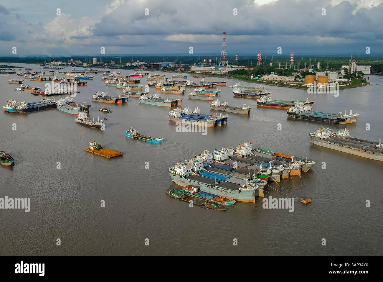 Aerial view of shah amanat bridge over karnafully river with ships and ...