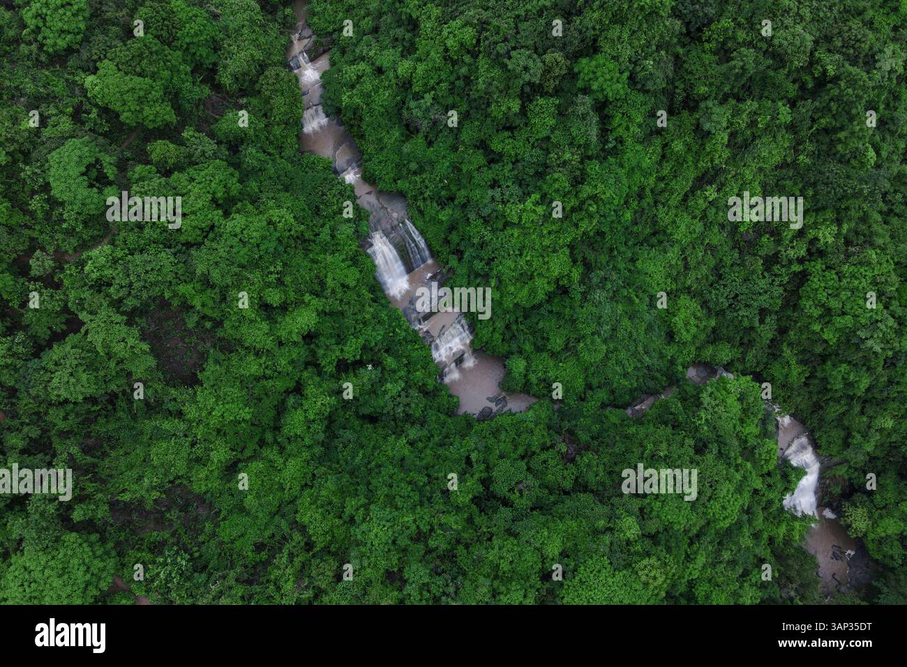 Aerial view of cascading Khaiyachara Waterfalls surrounded by lush ...