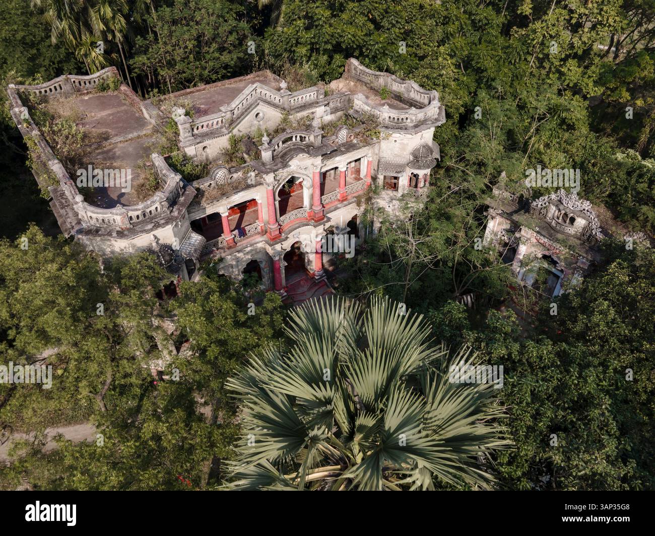 Aerial view of a beautiful heritage mansion surrounded by overgrown ...