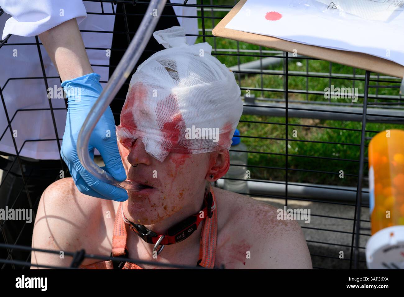 A man in a cage represents animal testing at a pro-animal rights ...