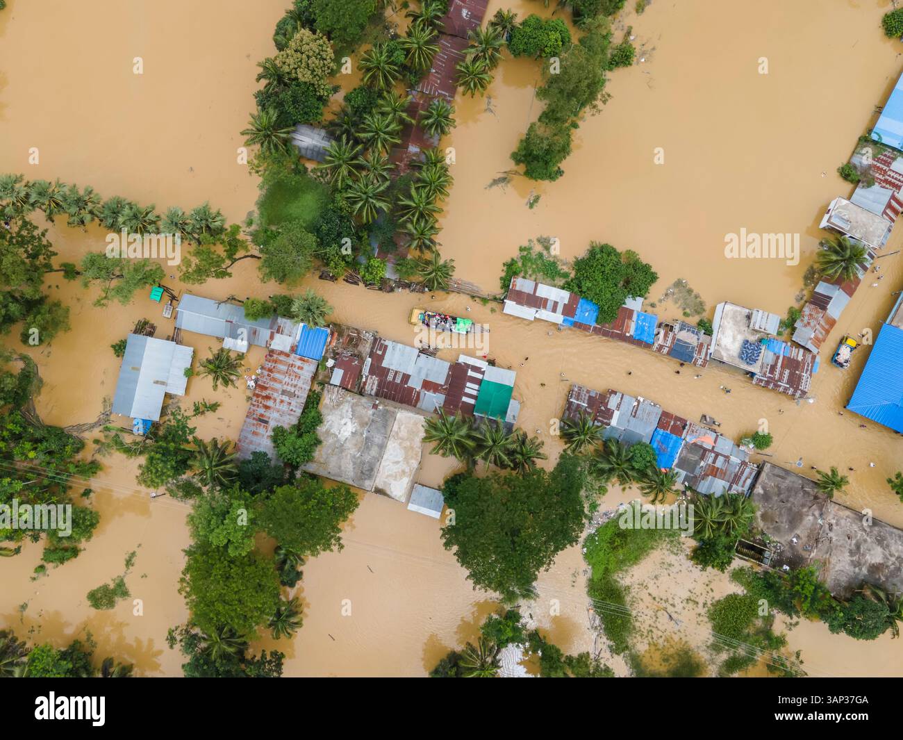 Aerial view of flooded village with submerged homes and waterlogged streets, Mirsarai ...