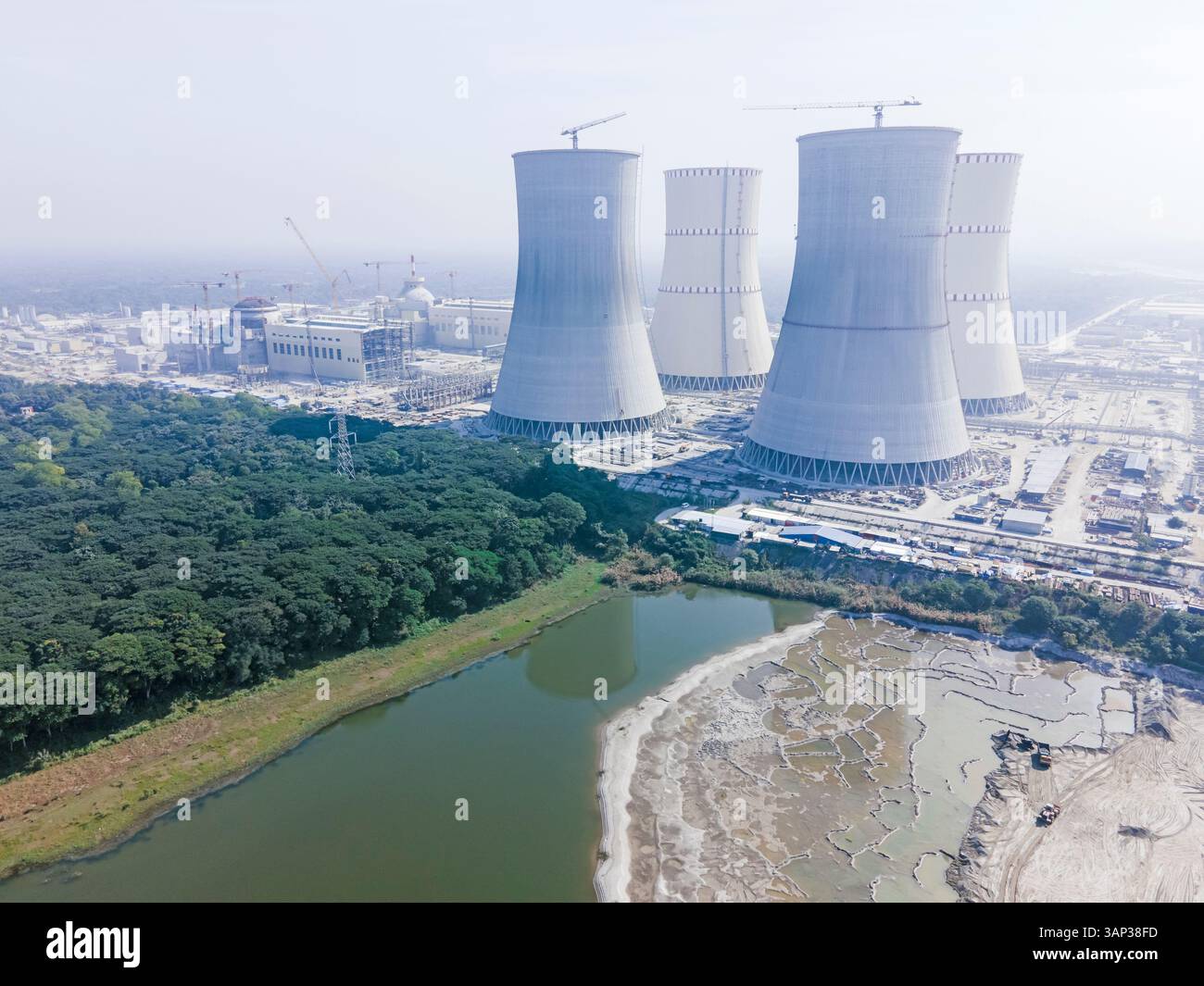 Aerial view of rooppur nuclear power plant with cooling towers and ...
