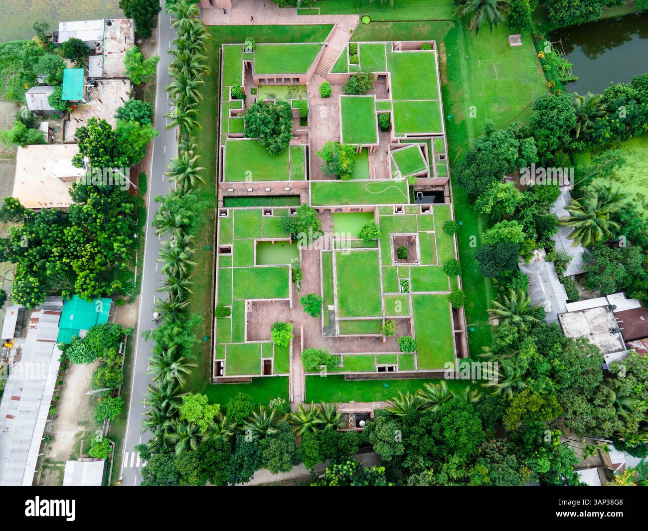 Aerial view of friendship center with green roofs and surrounding ...