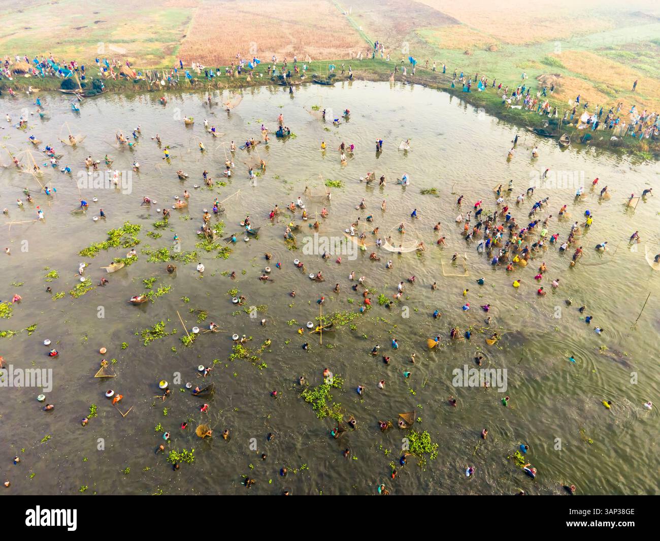 Aerial view of traditional fishing festival with local fishermen using ...
