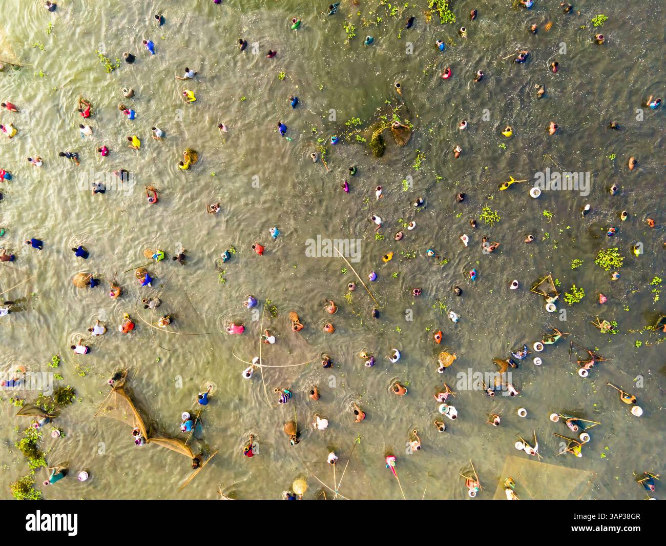Aerial view of traditional fishing festival with local fishermen using ...