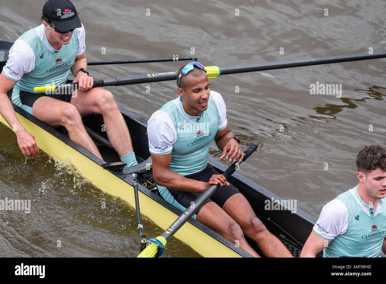 University Boat Race Men's race team Cambridge after the finish near ...