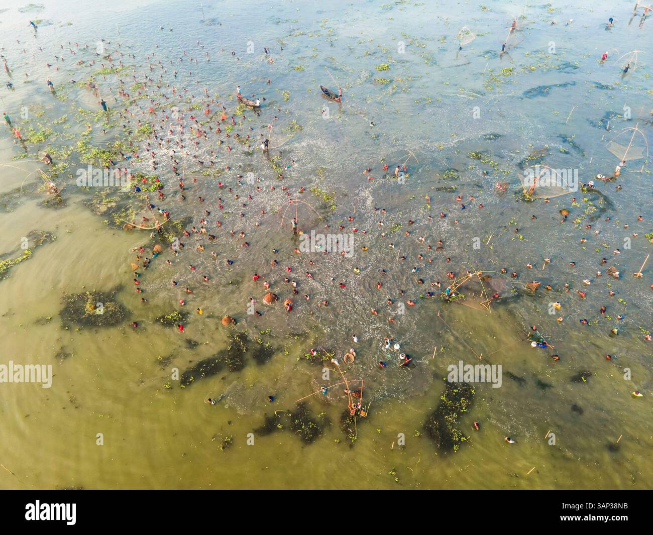 Aerial view of traditional fishing festival with joyful people ...