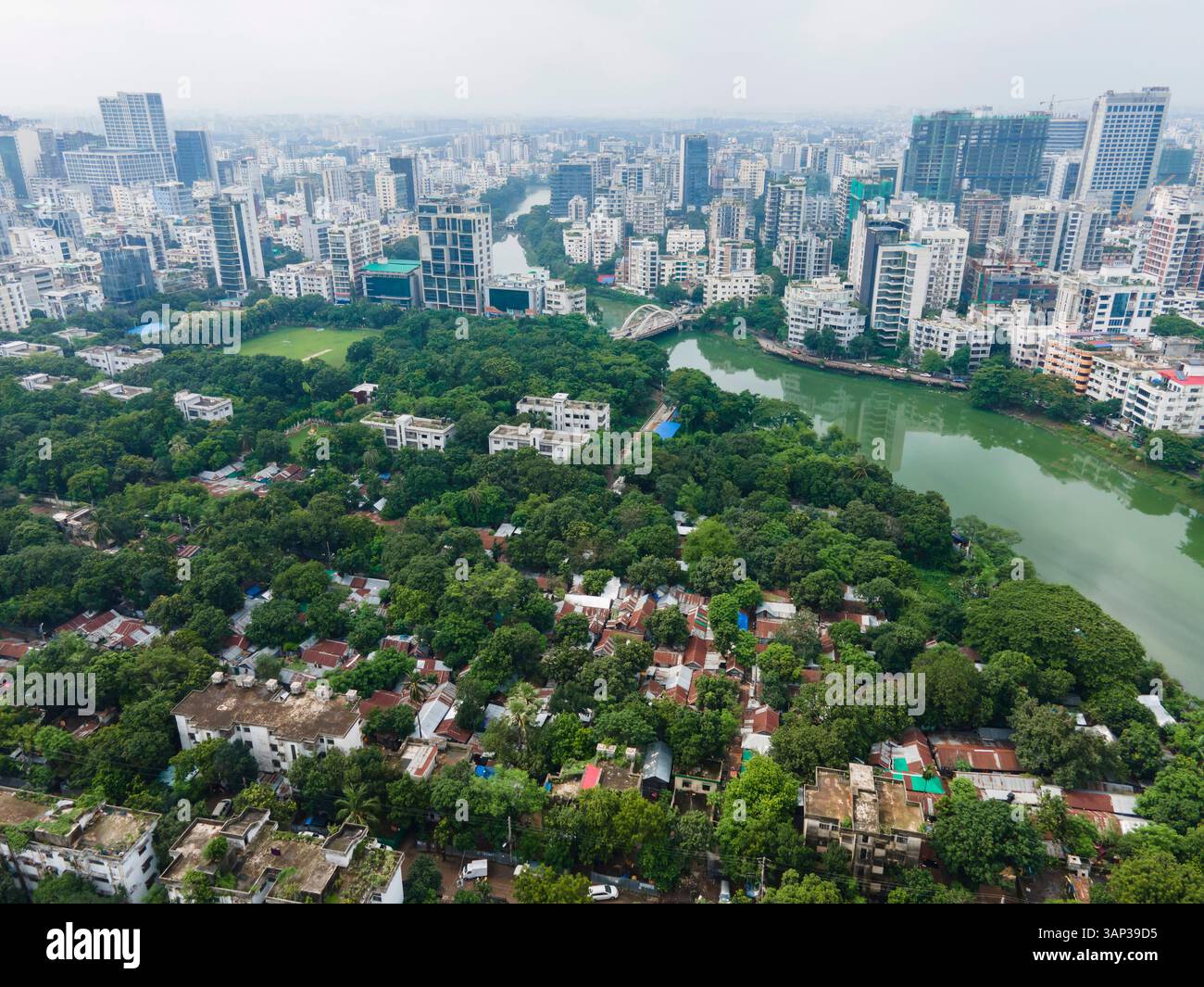 Aerial view of Banani Lake surrounded by Korail Slums and Bashundhara ...