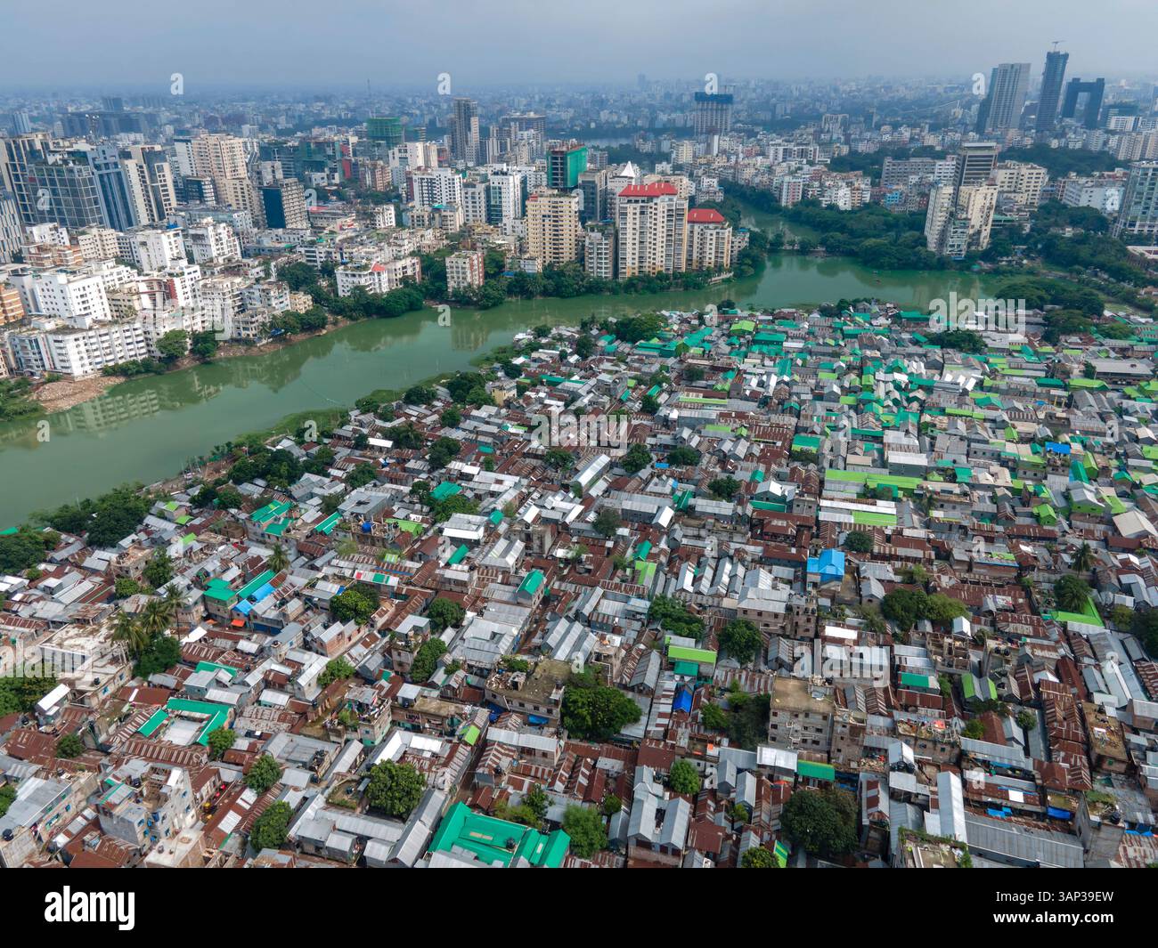 Aerial view of Banani Lake surrounded by Korail Slums and Bashundhara ...