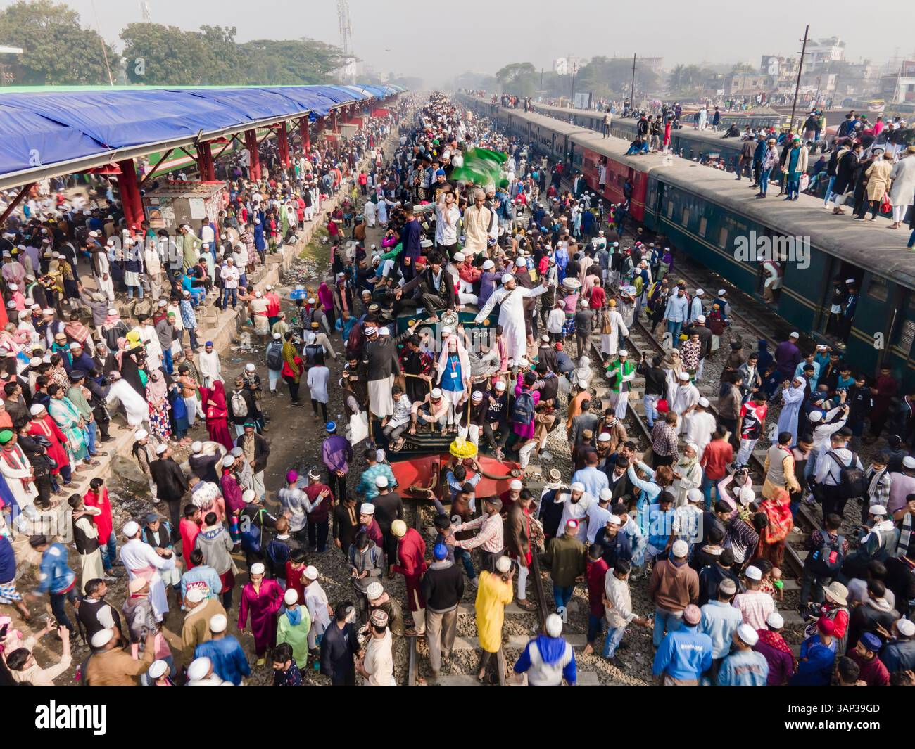 Dhaka, Bangladesh - 03 February 2024: Aerial view of overcrowded Bishwa ...
