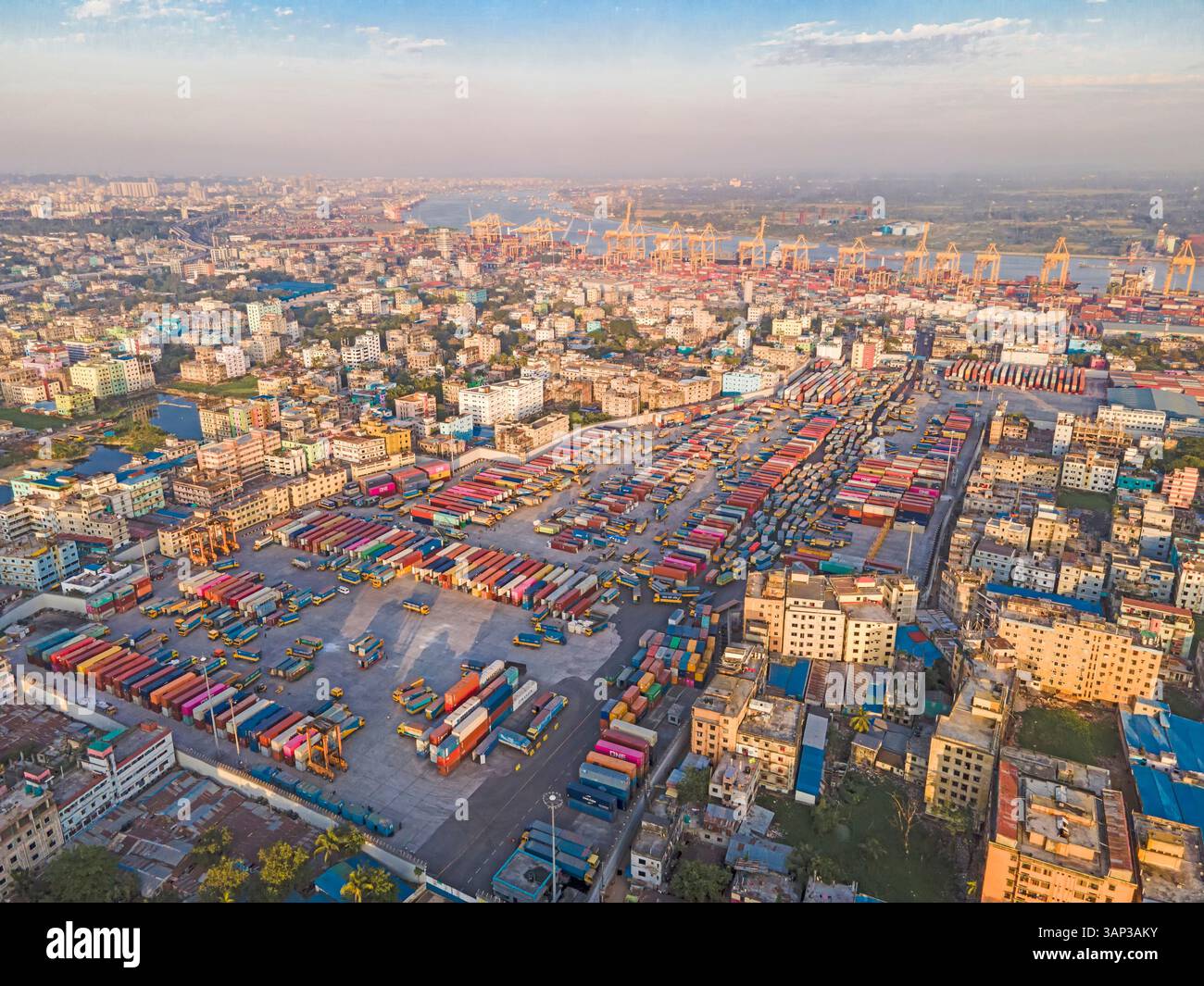 Aerial view of Chattogram Port with shipping containers and cranes ...