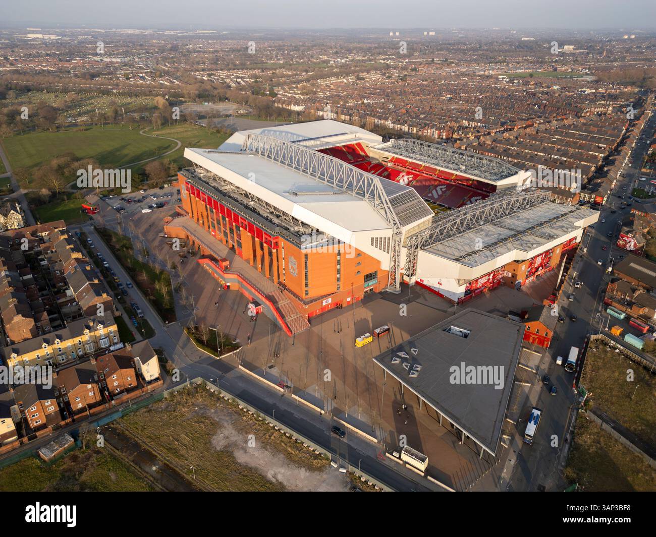 Anfield, Liverpool Football Club stadium with local housing, Merseyside ...