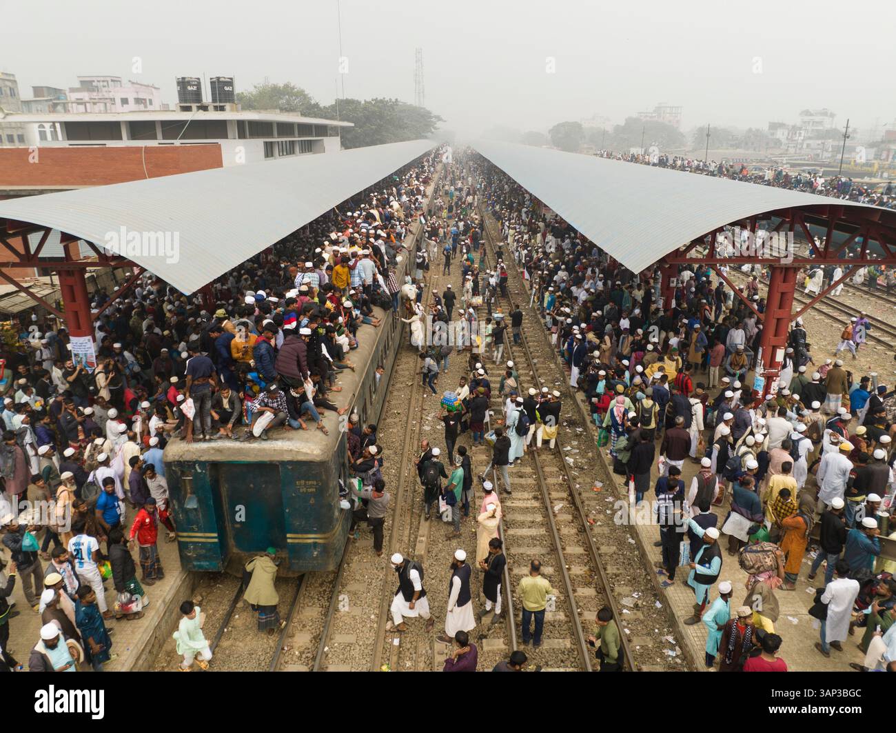 Gazipur, Bangladesh - 02 February 2025: Aerial view of a bustling train ...
