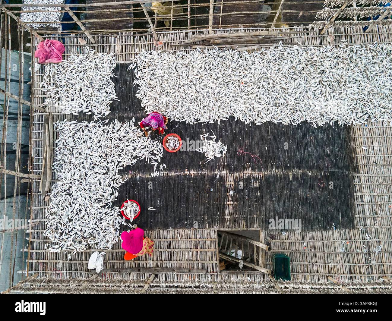 Aerial view of traditional fish processing with drying racks and people ...