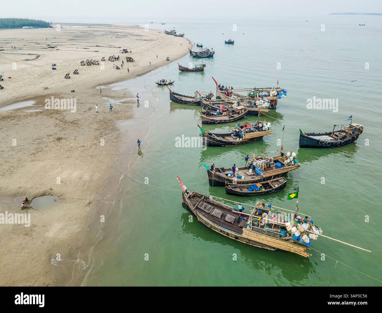 Aerial view of fishing boats at fishery ghat along the beach, Cox Bazar ...