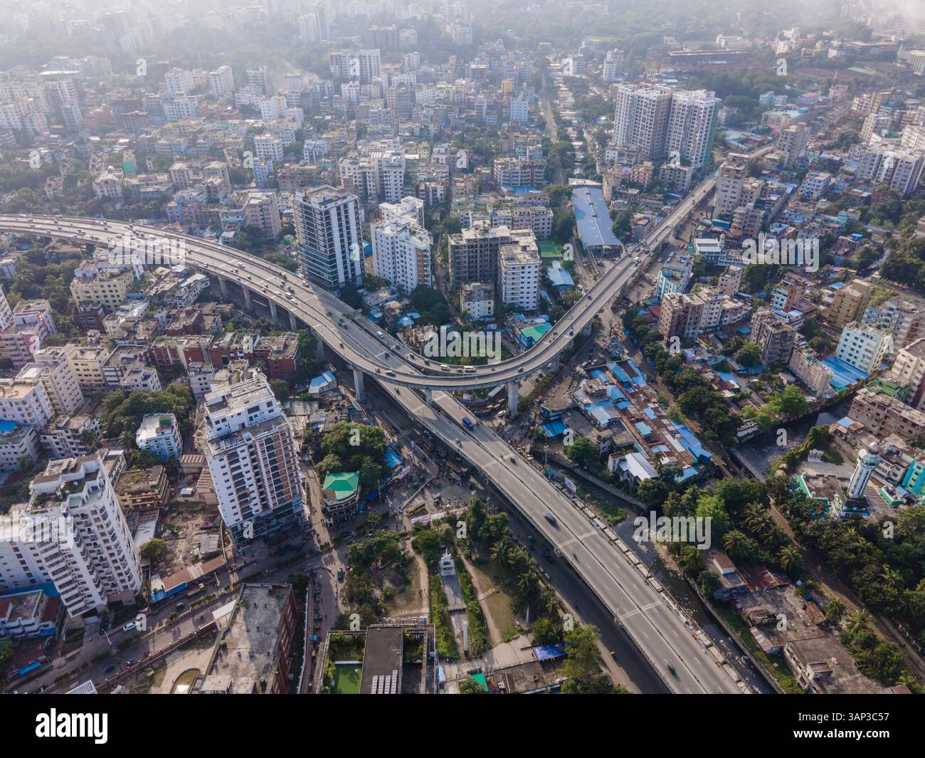 Aerial view of the bustling Akhtaruzzaman flyover and Muradpur Flyover ...
