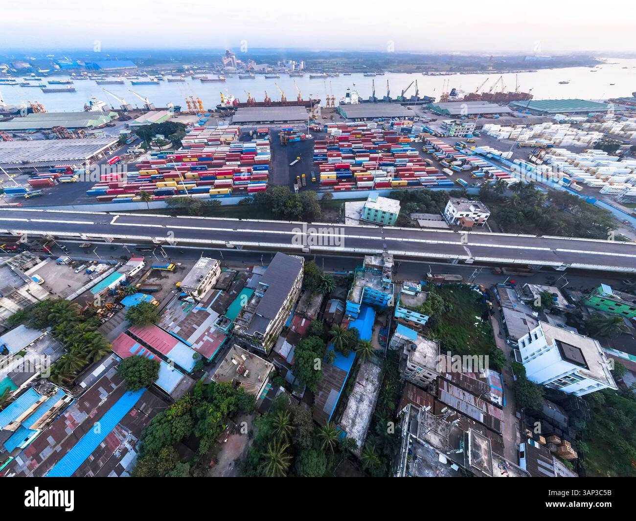 Aerial view of chattogram port with containers and elevated expressway ...