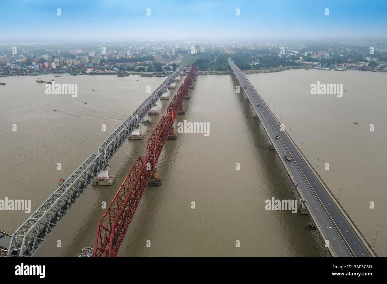 Aerial view of Bhrairab railway bridge and Syed Nazrul Islam bridge over the scenic Meghna river ...