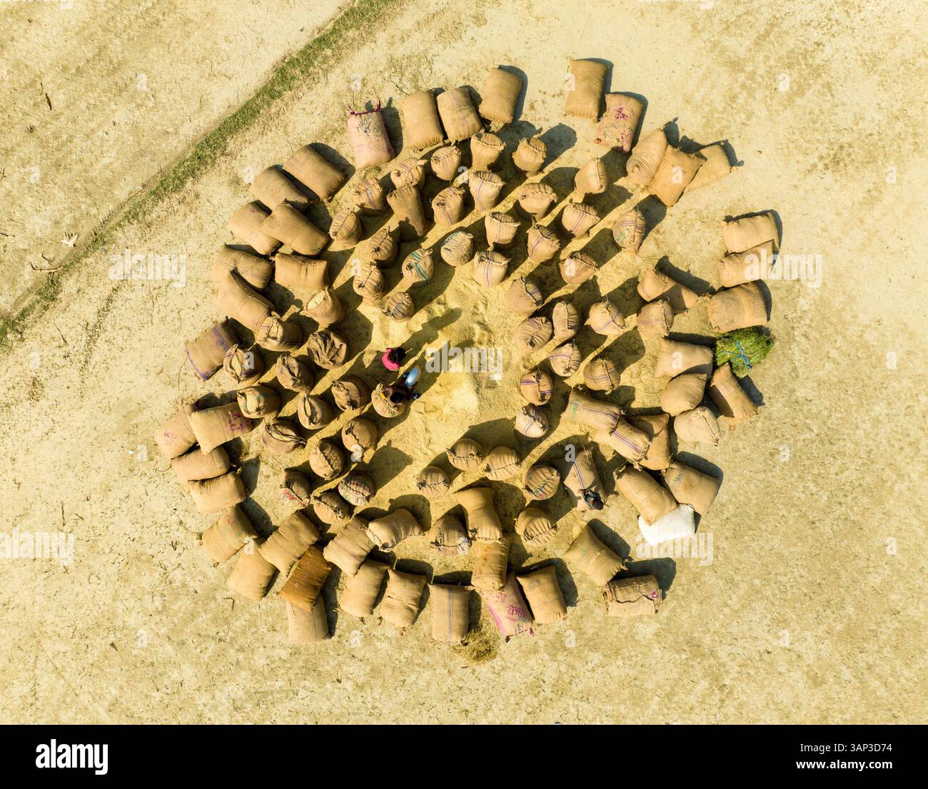 Aerial view of colorful sacks arranged in a circular pattern on the ...
