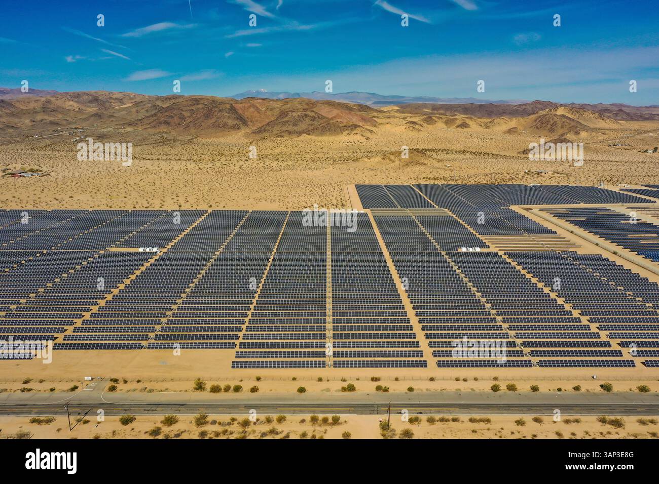 Aerial view of solar panels in the desert of San Bernardino, California ...