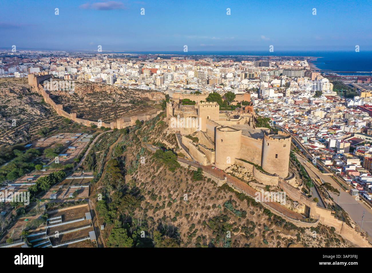 Aerial view of the Alcazaba of Almería with the wall going across the ...