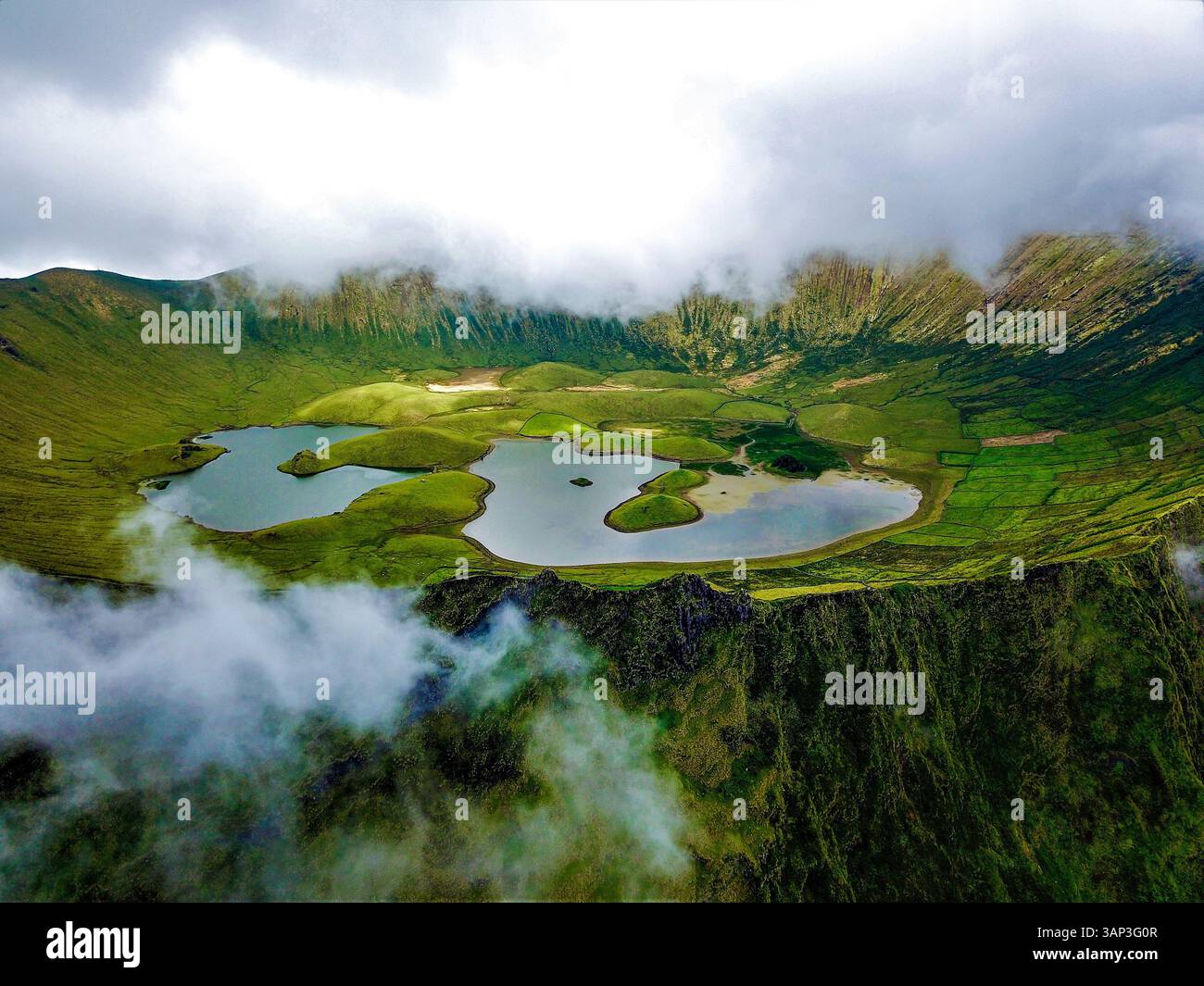 Aerial view of Caldeirão volcano crater on Corvo Island, Azores ...