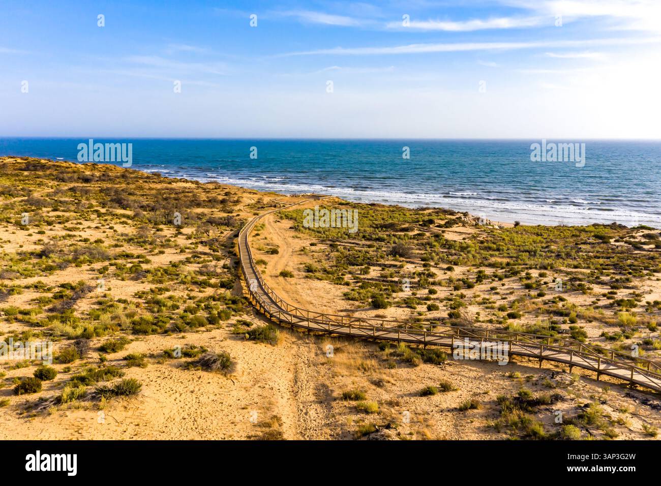 Aerial view of a long wooden boardwalk leading to the beach of Cuesta ...
