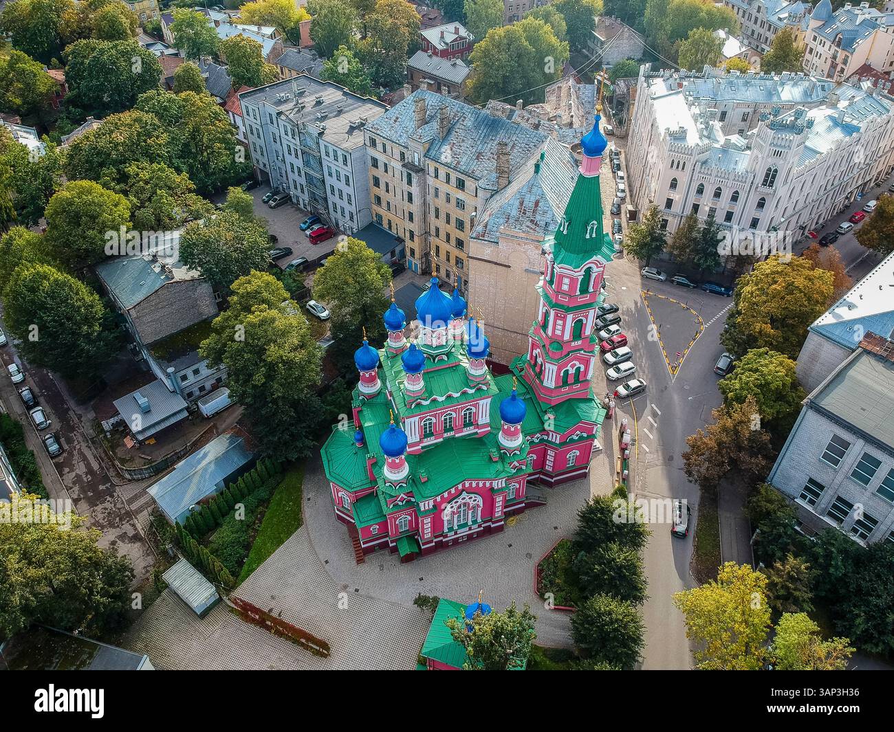 Aerial view of the Svetas coloured orthodox church in Riga downtown ...