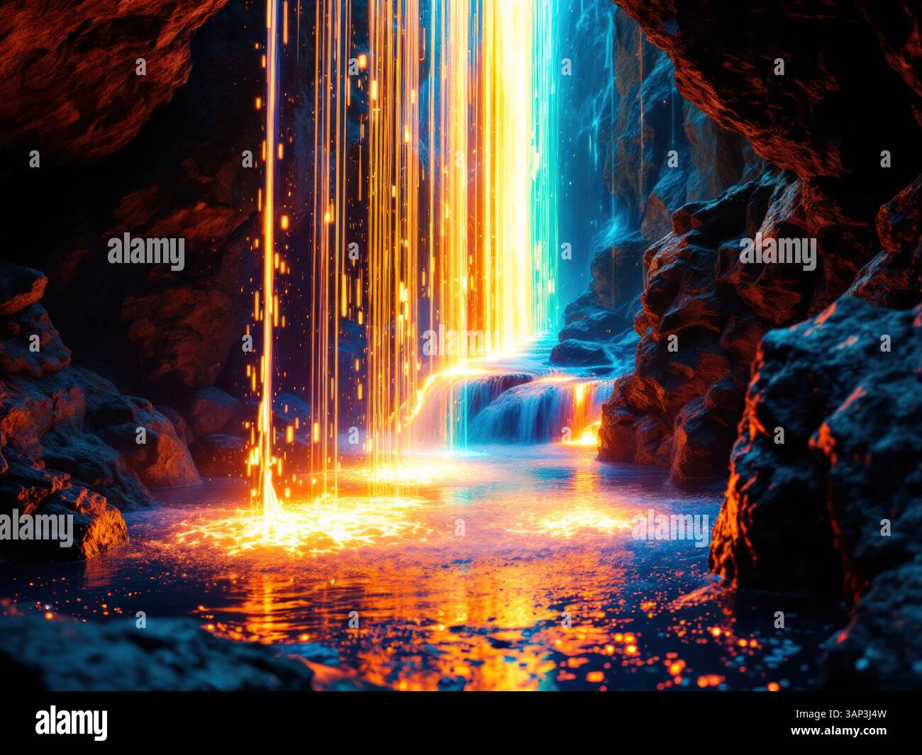 A vibrant digital artwork depicting a magical waterfall cascading ...