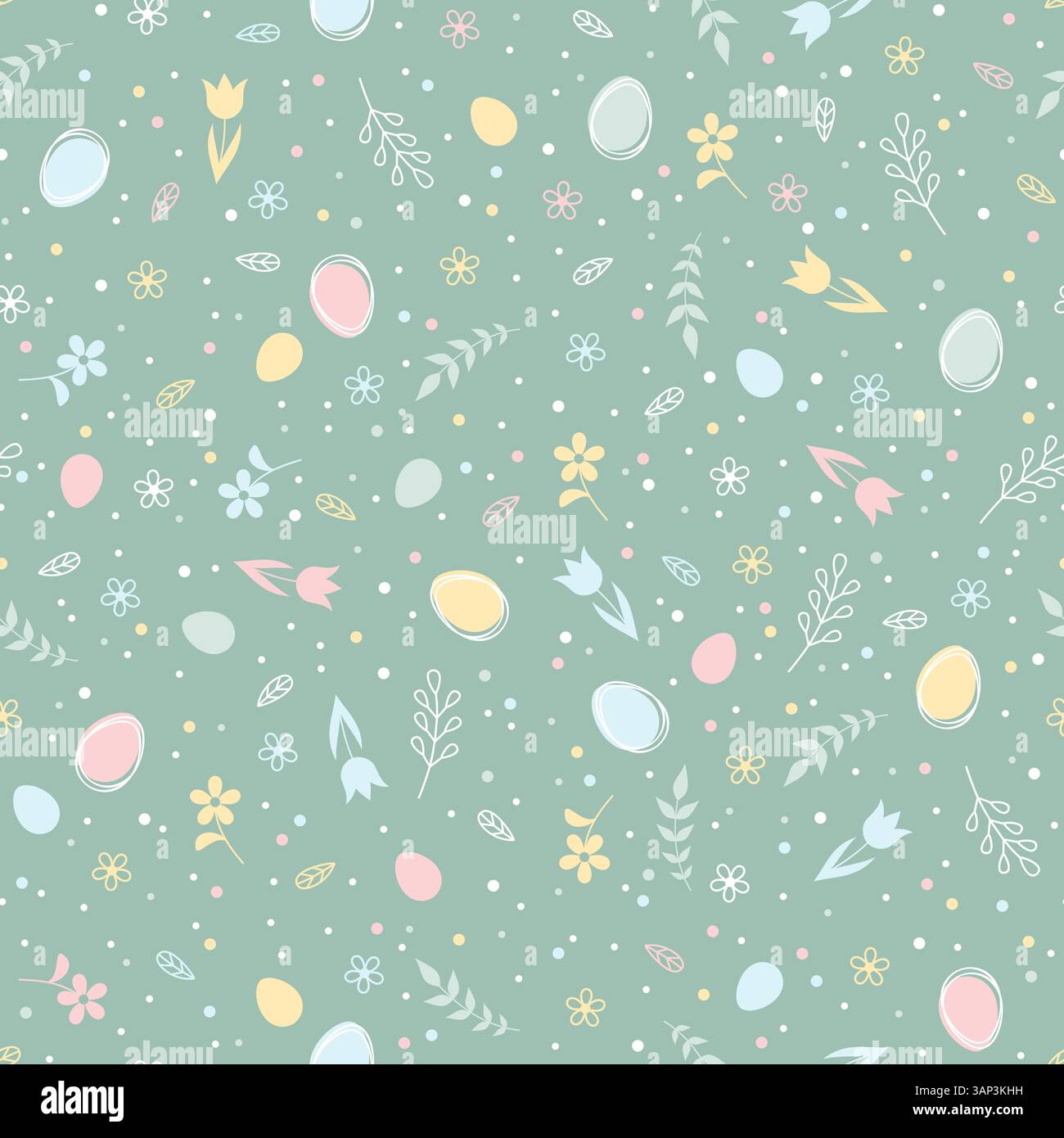 Easter seamless pattern with colorful flowers, Easter eggs and branches ...