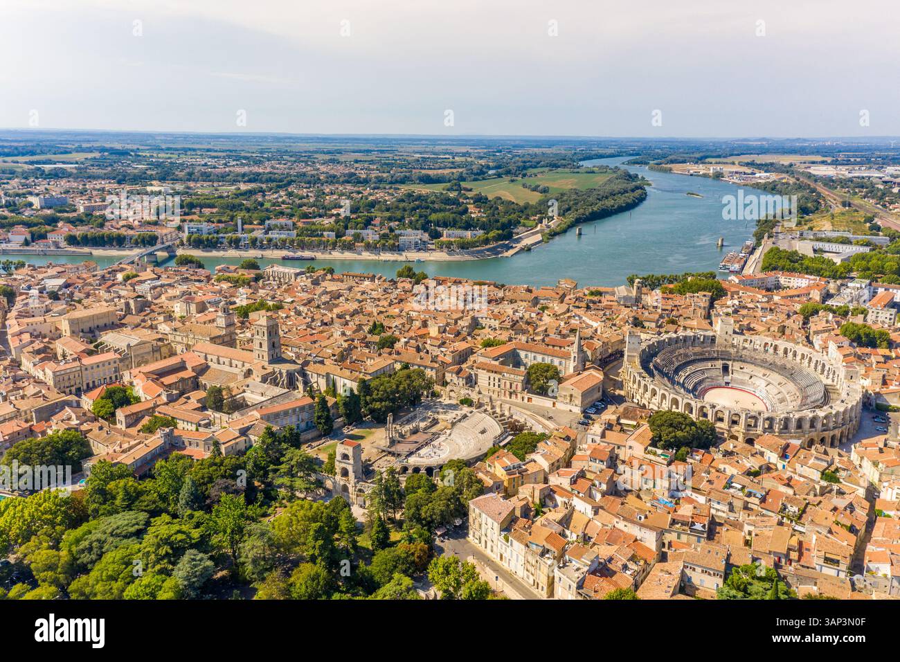 Aerial view of the city of Arles with ancient arena, France Stock Photo ...