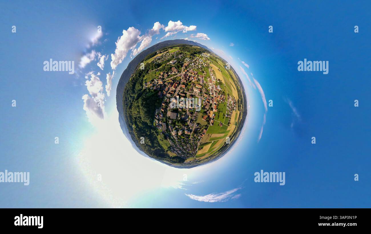 Aerial view of a tiny planet landscape featuring a picturesque village ...