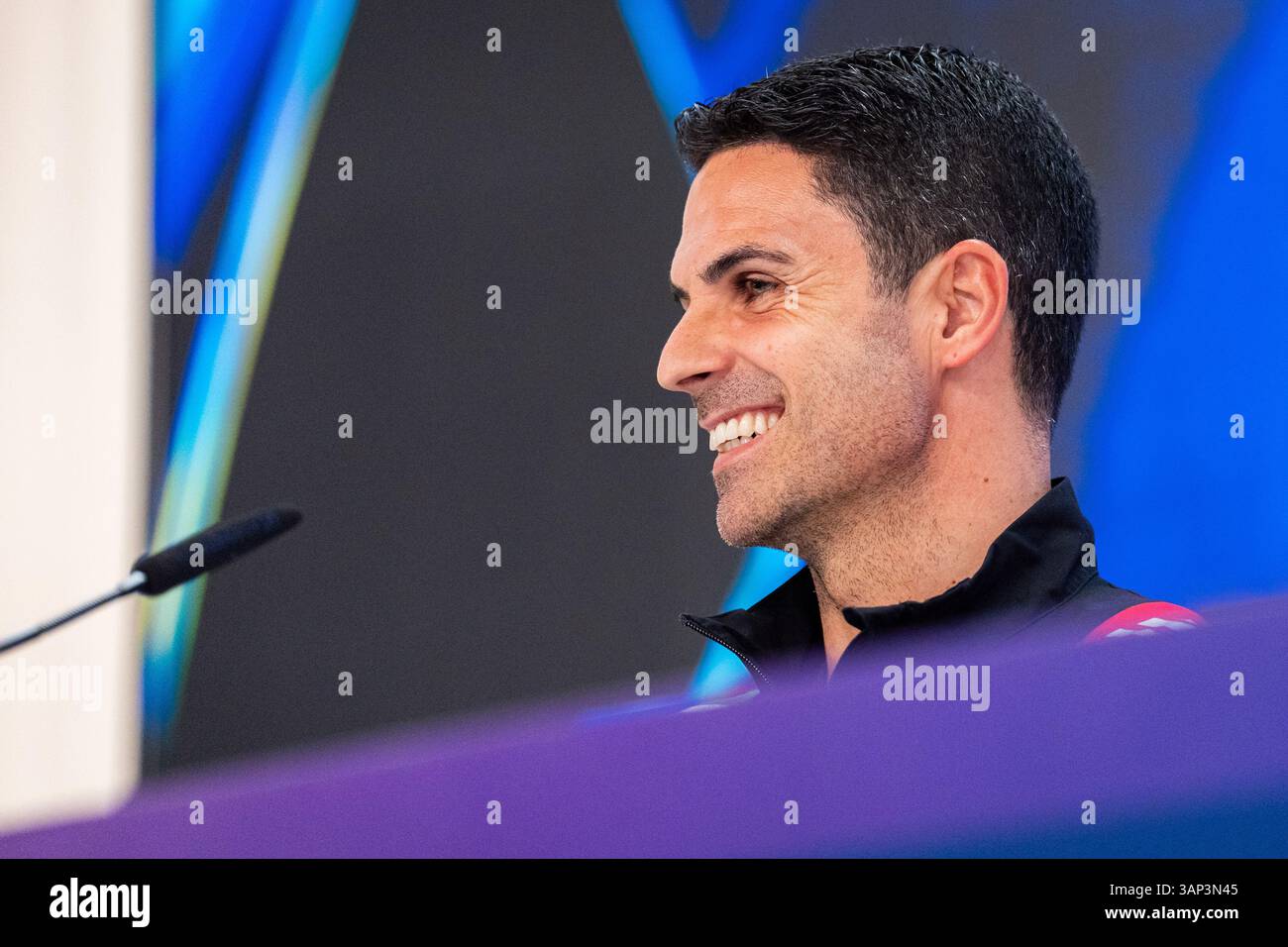Madrid, Madrid, Spain. 15th Apr, 2025. Mikel Arteta, head coach of Arsenal FC, speaks during the ...