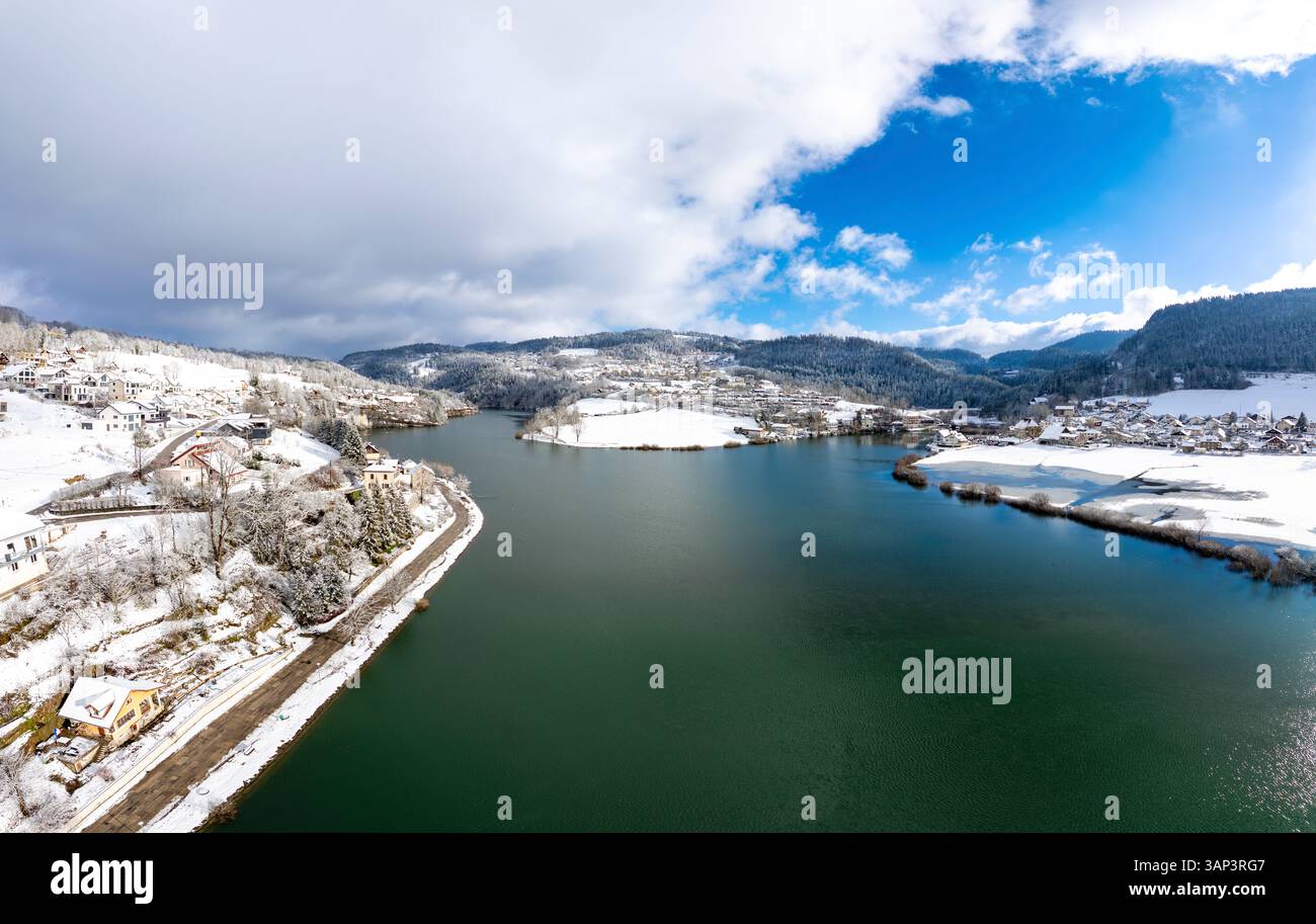 Aerial view of the serene and picturesque River Doubs surrounded by ...