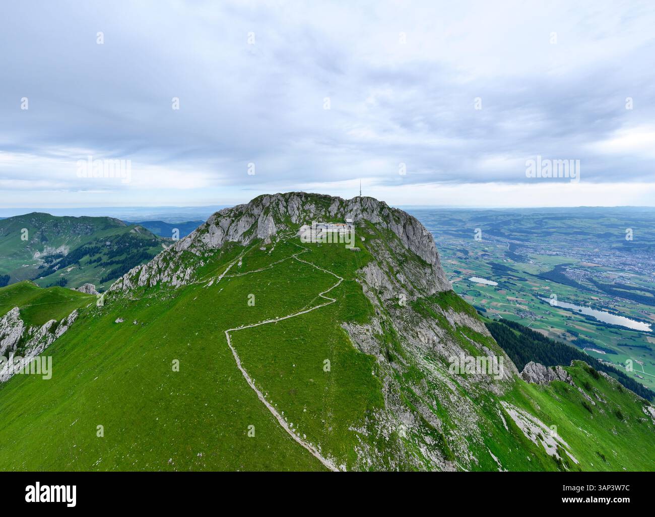 Aerial view of Stockhorn Mountain with a scenic hiking path under a ...