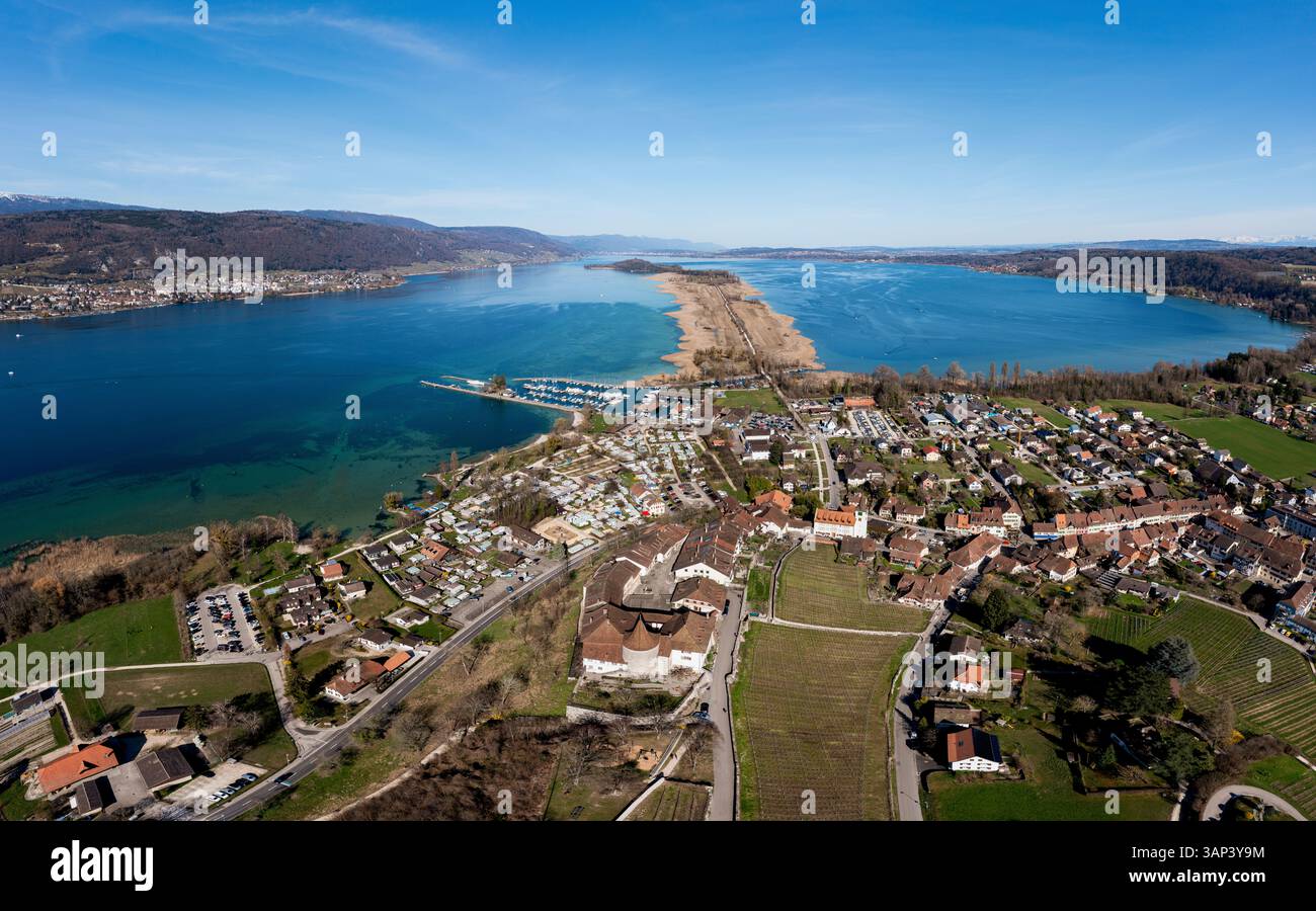 Aerial view of Castle & Lake Biel with village and mountains, Erlach ...