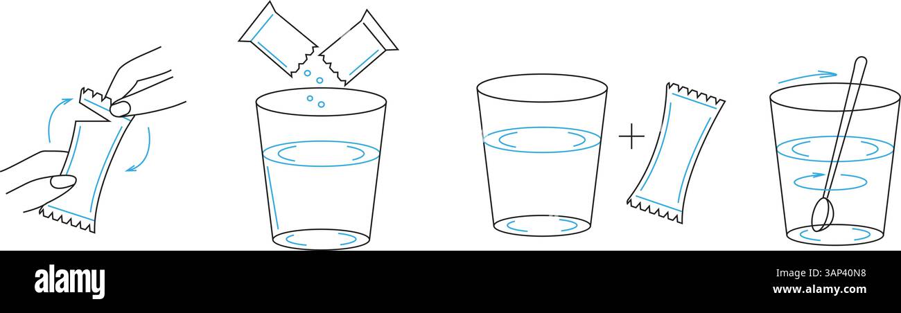 Set depicts the process of dissolving effervescent powder from a sachet ...