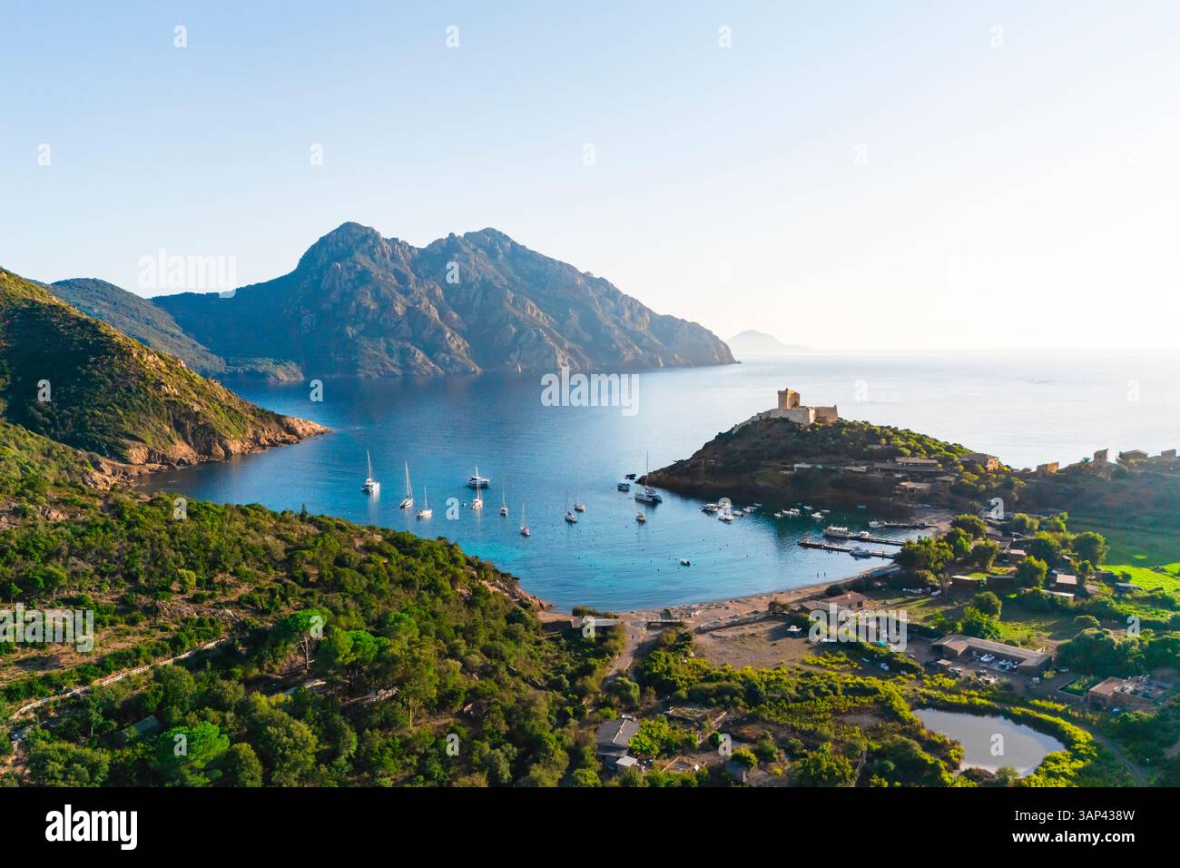 Aerial drone view of Girolata, coastal town and fort on the island of ...