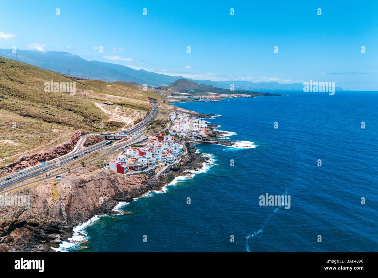Aerial drone view of La Caleta, coastal town on the East coast of ...