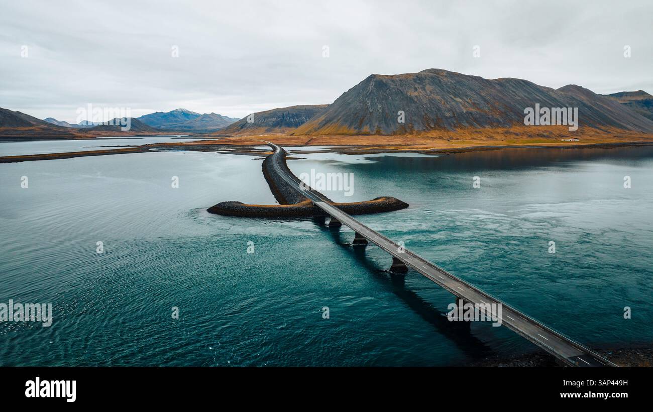 Aerial drone view of Viking Bridge, sword shaped bridge on the ...