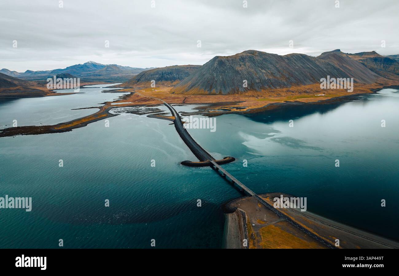 Aerial drone view of Viking Bridge, sword shaped bridge on the ...