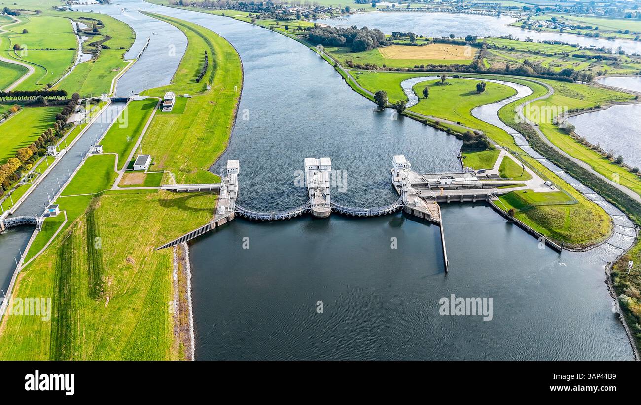 Aerial drone view of Hydro Electric powerstation Nederrijn ...