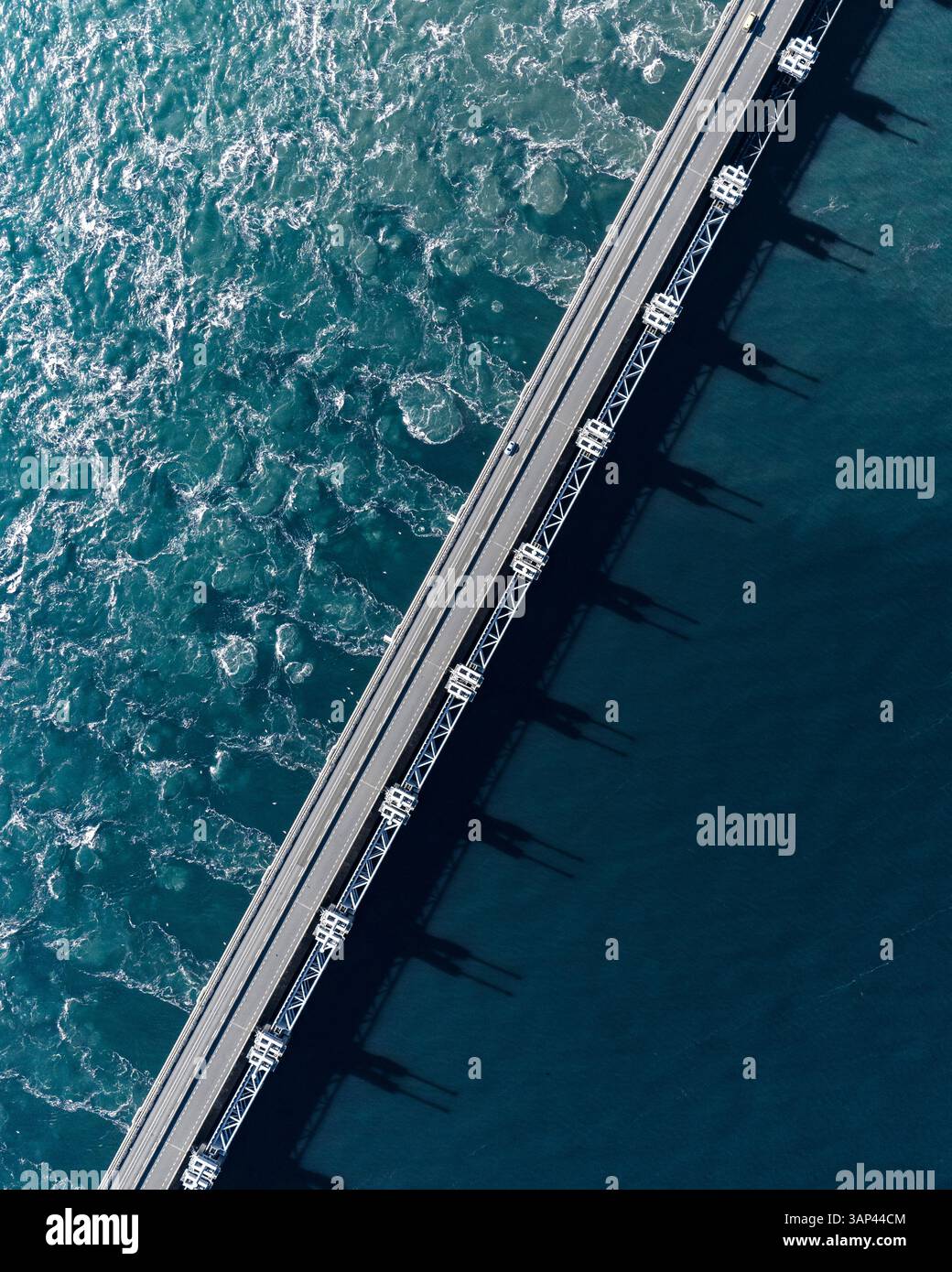 Aerial drone view of storm surge barrier Oosterscheldekering, bridge ...