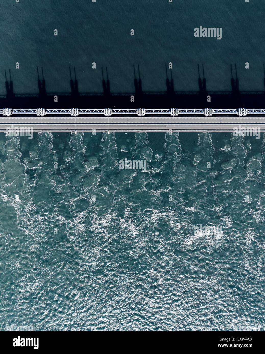 Aerial drone view of storm surge barrier Oosterscheldekering, bridge ...